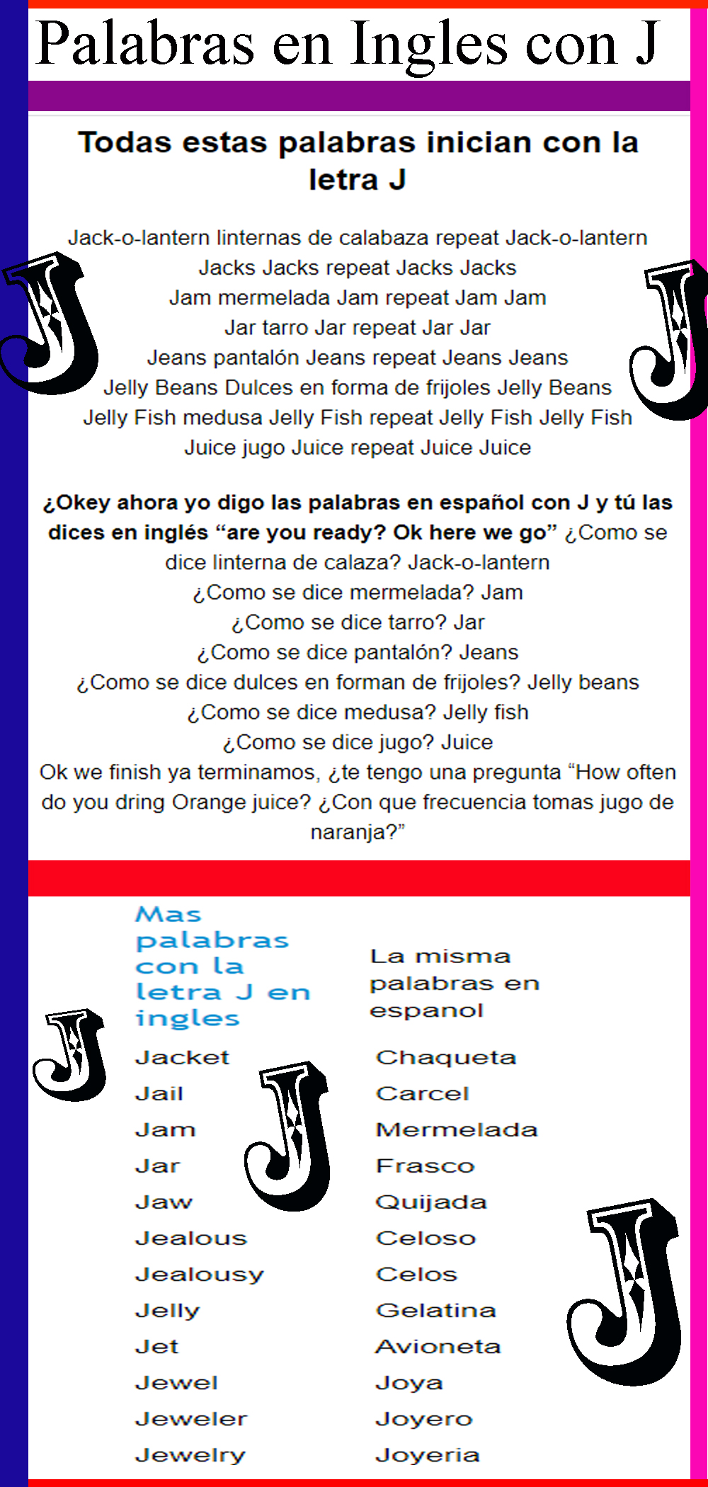 Palabras en Ingles con J